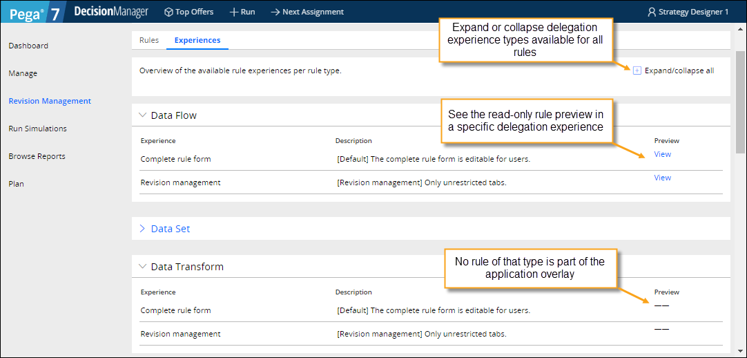 Delegation experience types in revision management | Pega